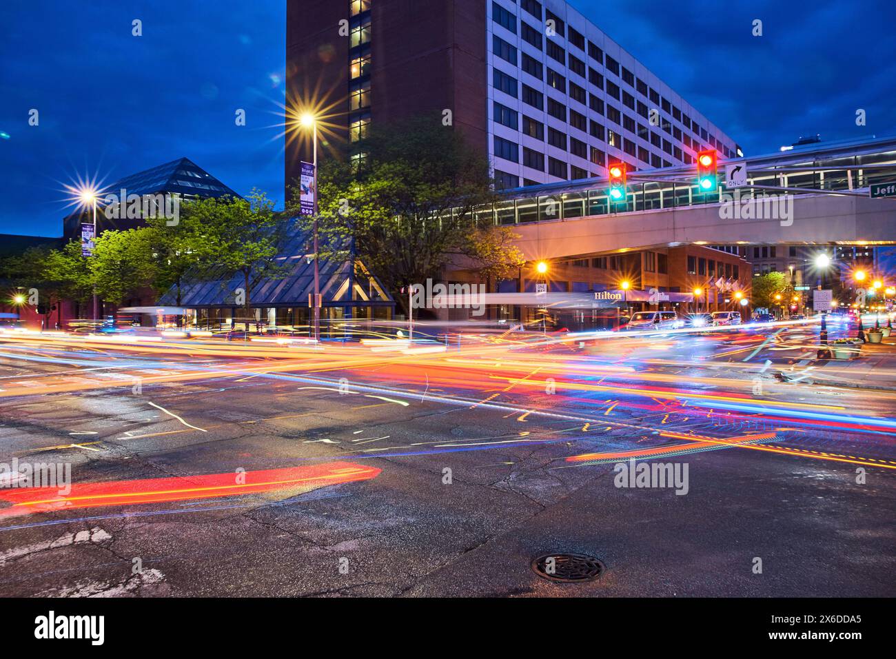 Twilight Urban Motion at Downtown Intersection, Light Trails and ...