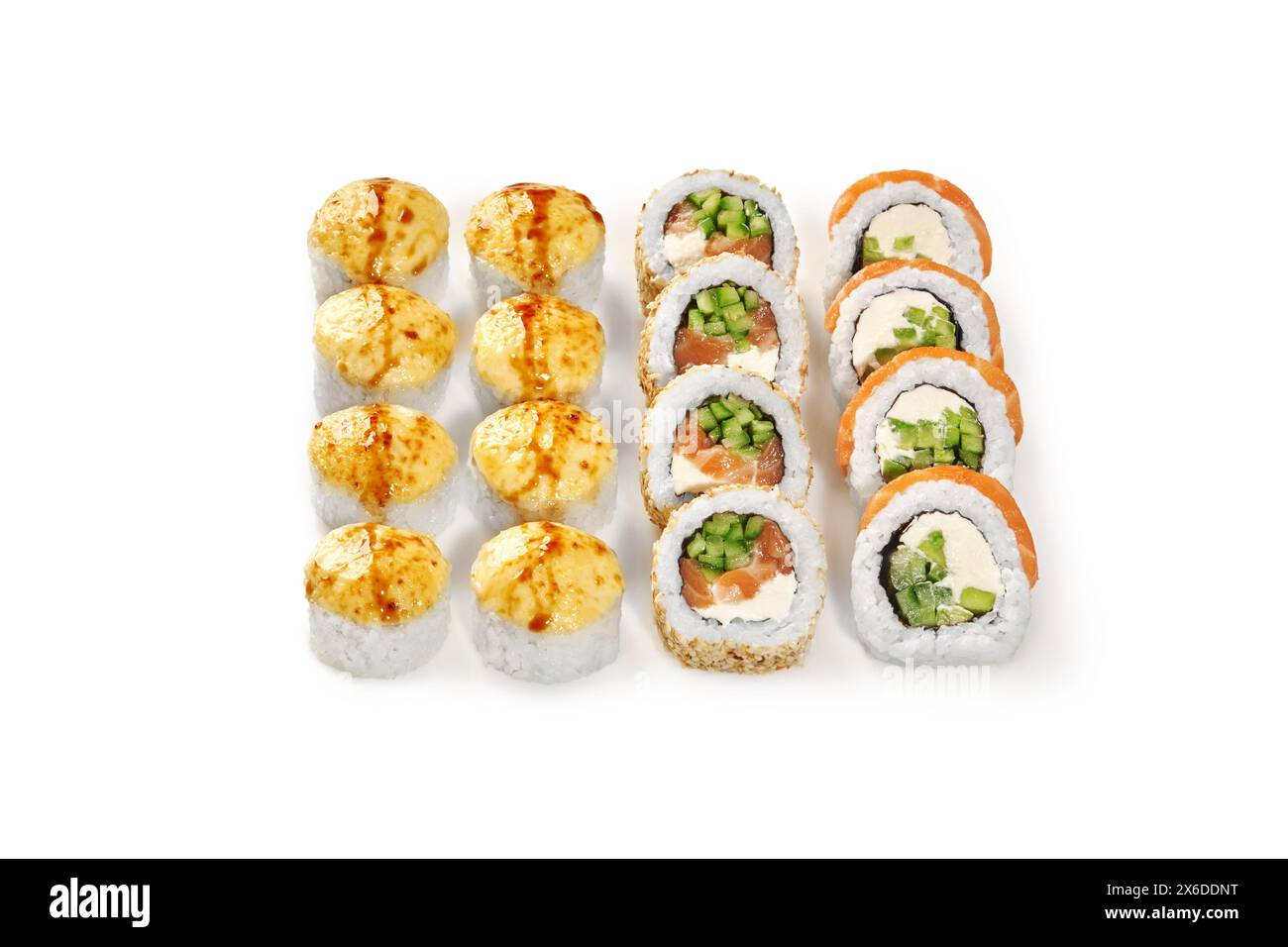 Baked cheese topped rolls and salmon sushi assortment Stock Photo - Alamy