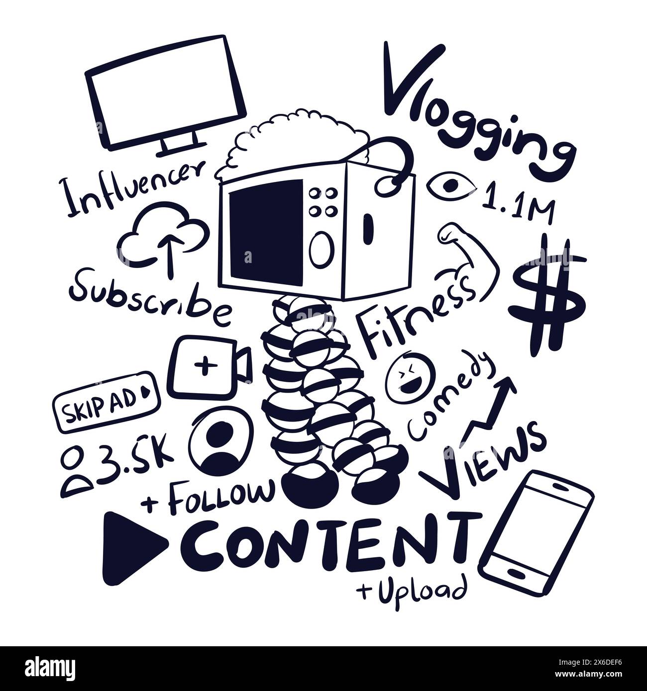 Content creation drawings vector. hand drawn content creator scribbles doodle. content creation ...