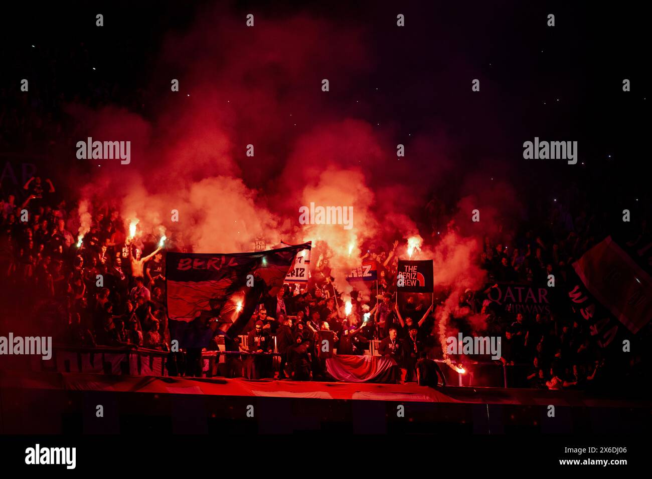 PARIS, FRANCE - MAY 12: PSG ultras fans set up flares after winning the ...