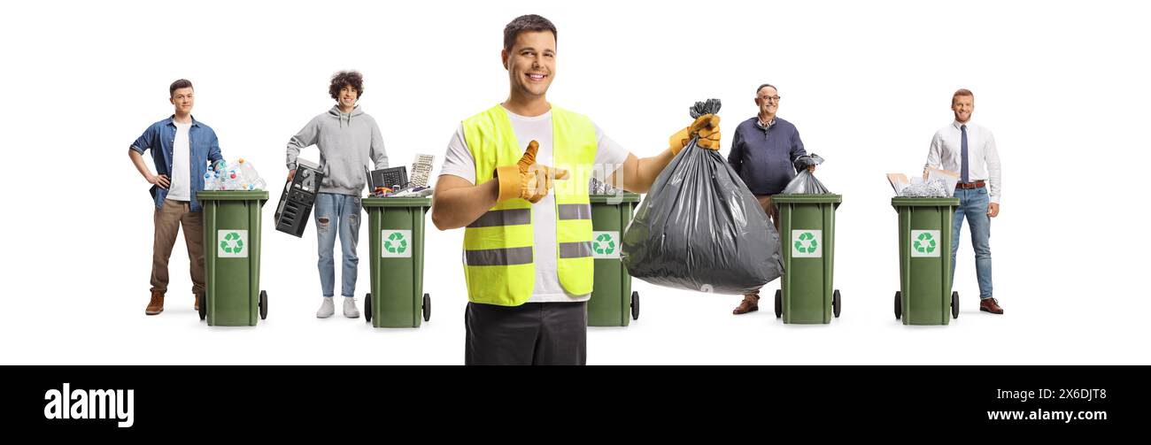 Waste collector holding a black bin bag and people collecting recycling ...