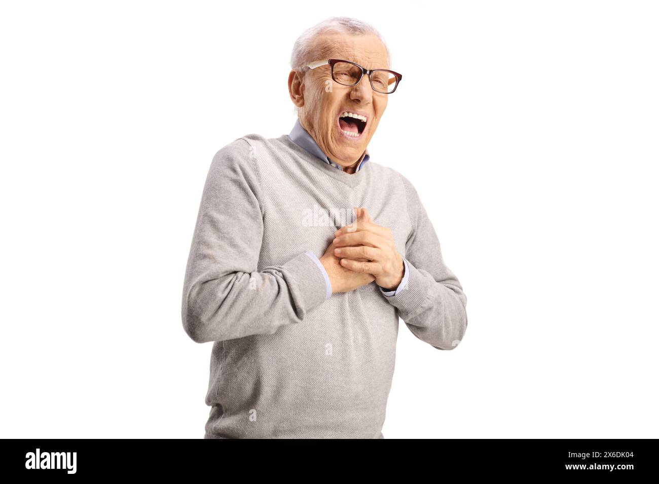 Elderly man experiencing cardiac arrest isolated on white background ...