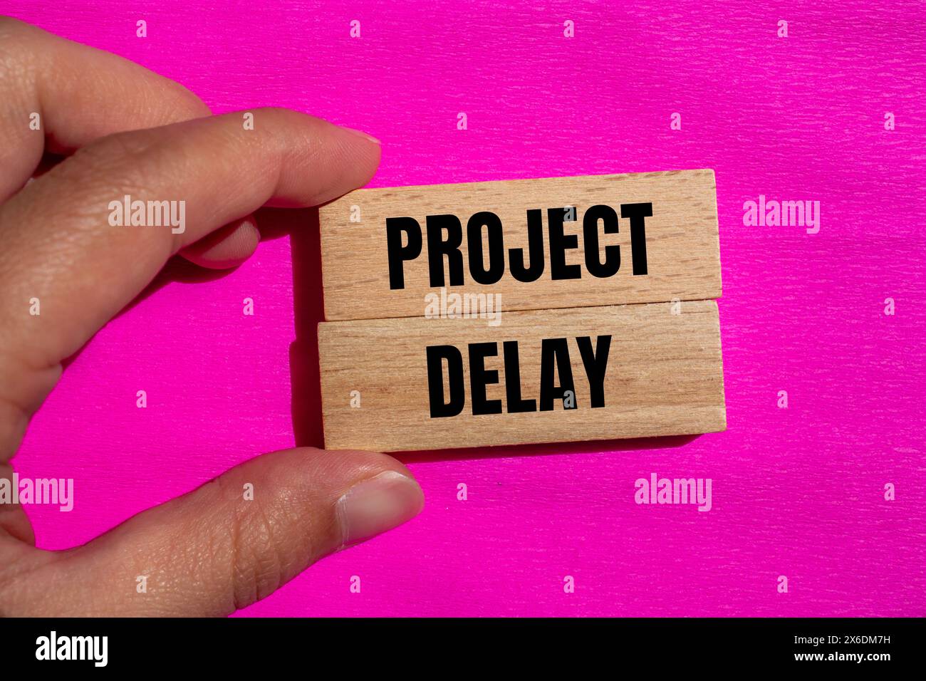 Project delay words written on wooden blocks with pink background ...
