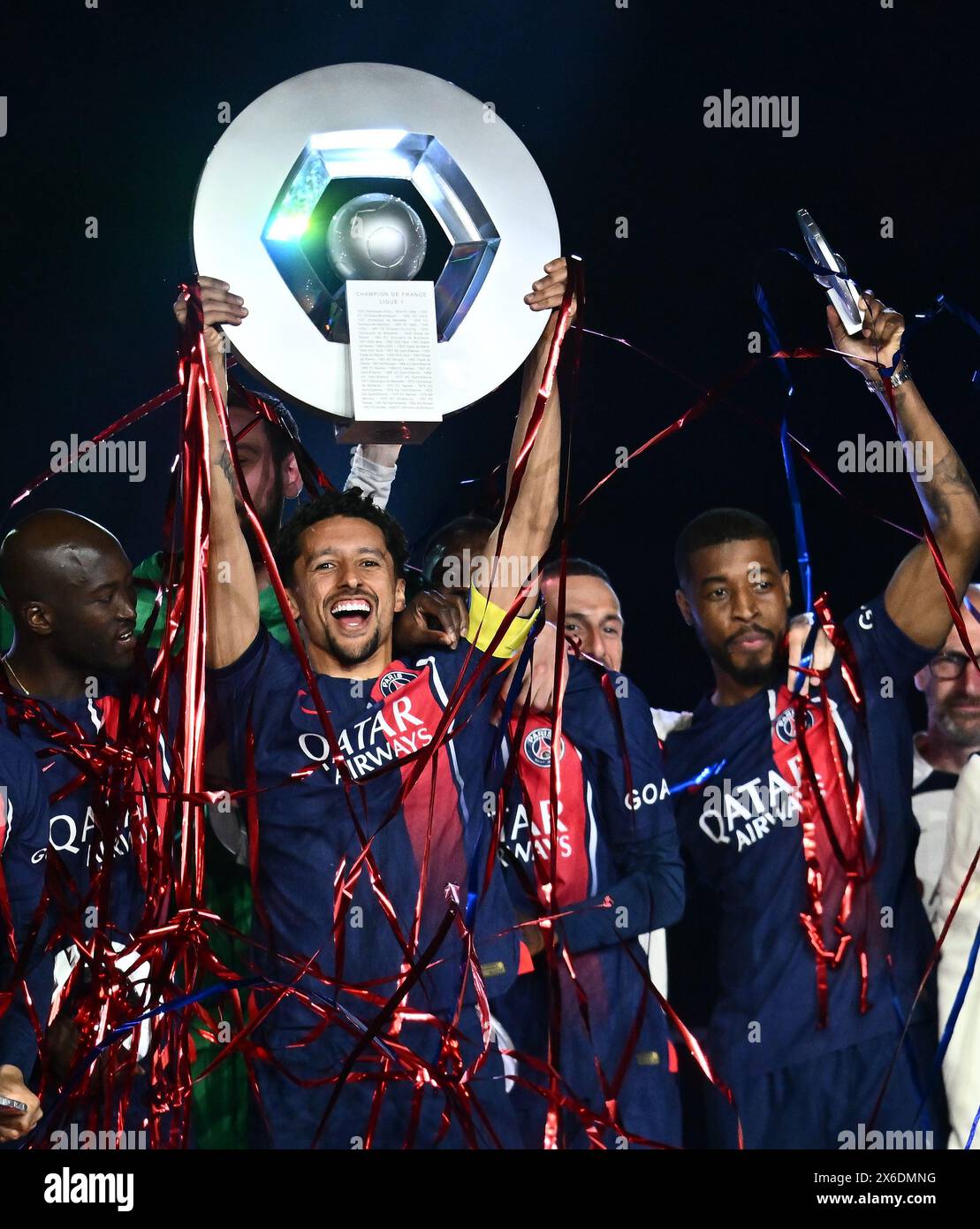 PARIS, FRANCE - MAY 12: Marquinhos, Danilo Pereira, Presnel Kimpembe of Paris Saint-Germain on ...