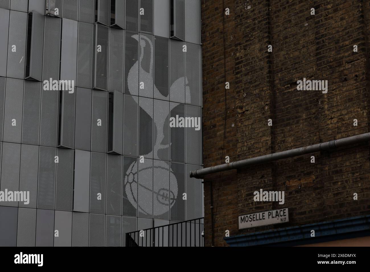 The Tottenham Hotspur badge on the outside of the stadium during the ...