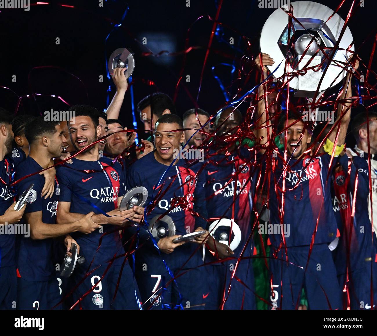 PARIS, FRANCE - MAY 12: Kylian Mbappe, Marquinhos, Danilo Pereira, Goncalo Ramos of Paris Saint ...