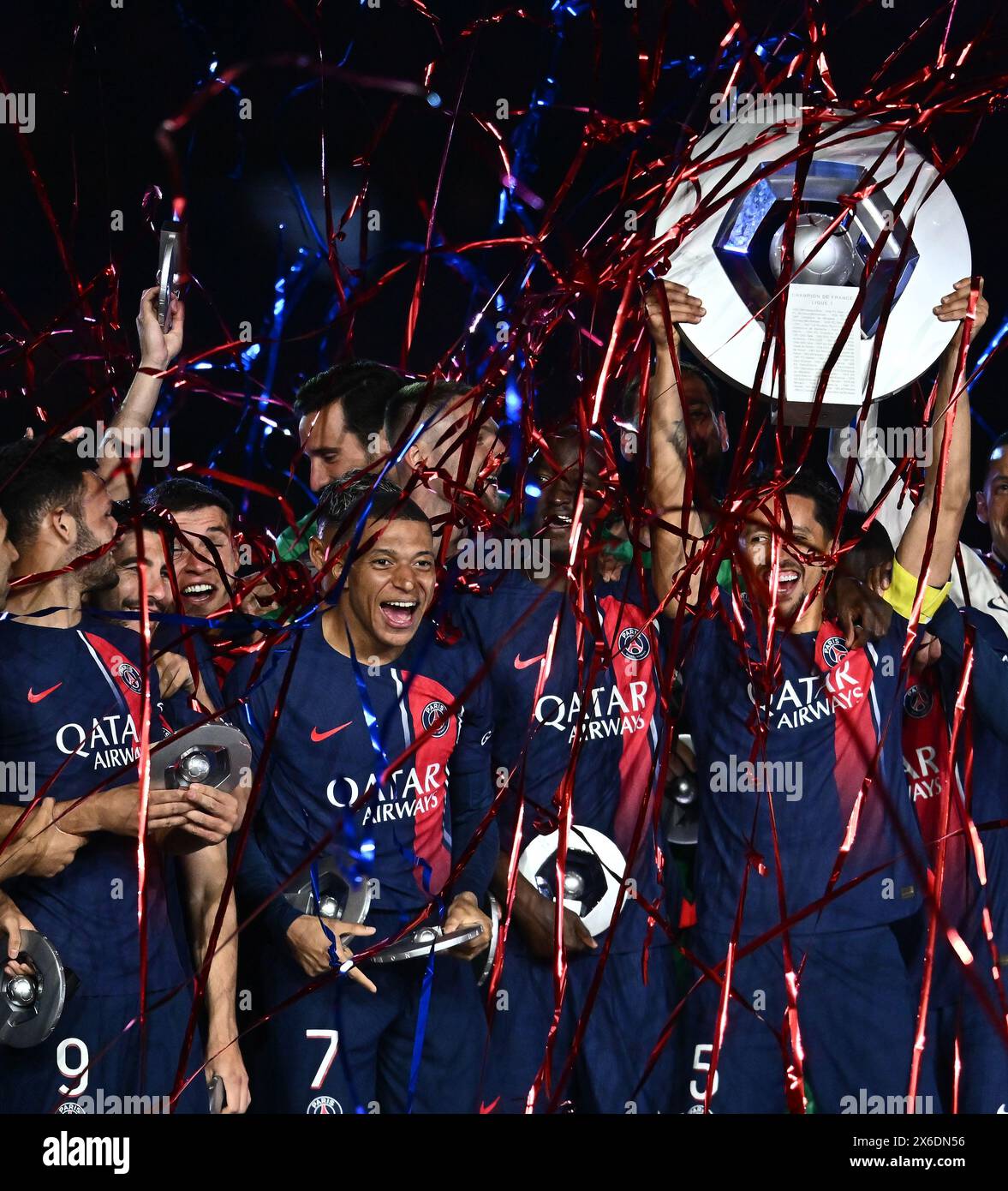 PARIS, FRANCE - MAY 12: Kylian Mbappe, Marquinhos, Danilo Pereira of Paris Saint-Germain on ...