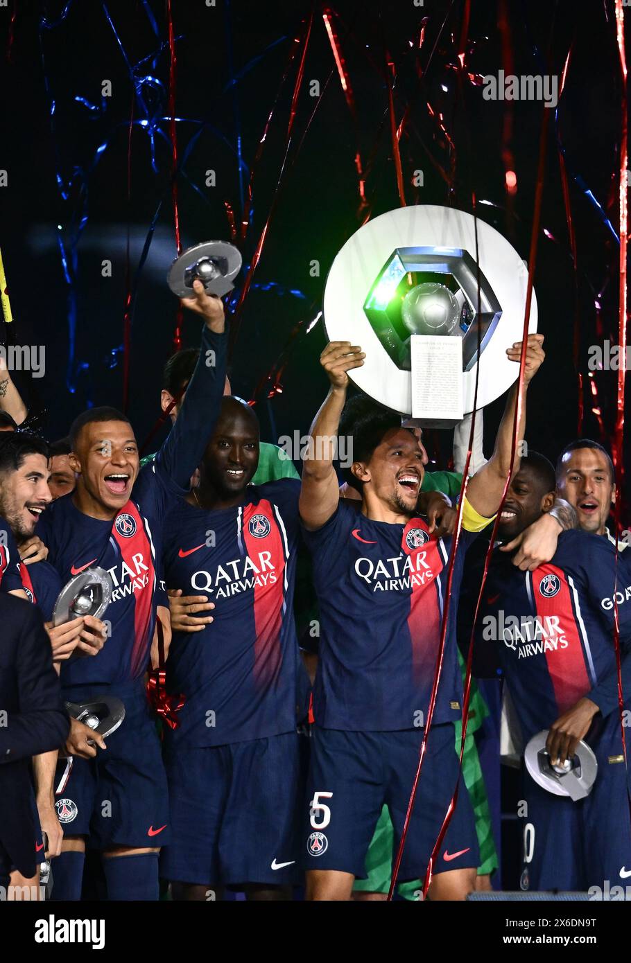 PARIS, FRANCE - MAY 12: Kylian Mbappe, Marquinhos, Danilo Pereira of Paris Saint-Germain on ...