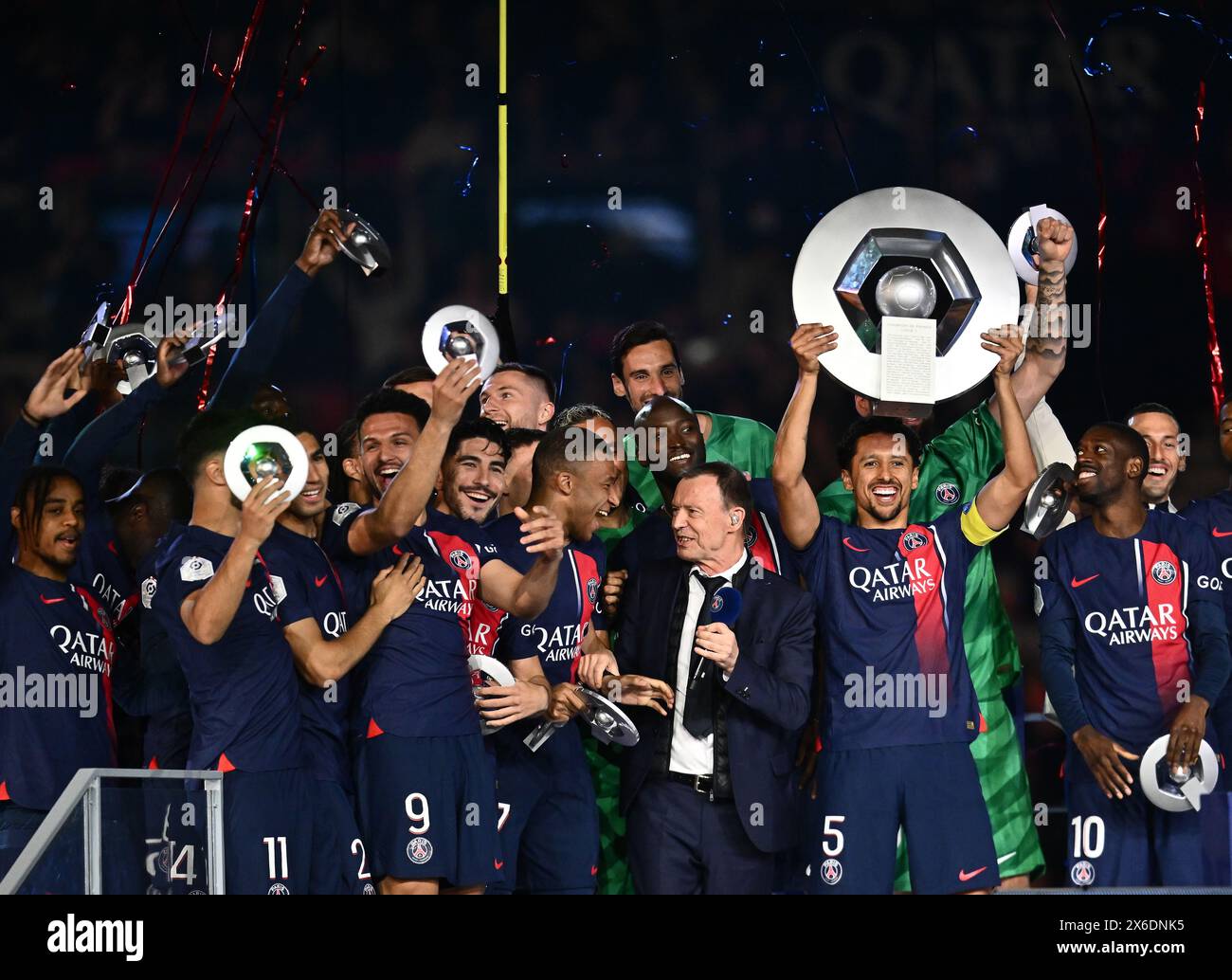 PARIS, FRANCE - MAY 12: Kylian Mbappe, Marquinhos, Danilo Pereira, Gianluigi Donnarumma, Ousmane ...