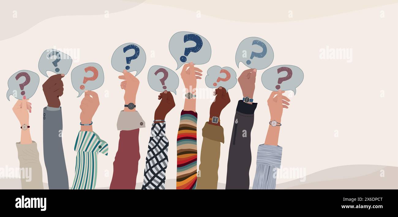 Raised hands of people holding a speech bubble with a hand-drawn question mark symbol. Concept ...