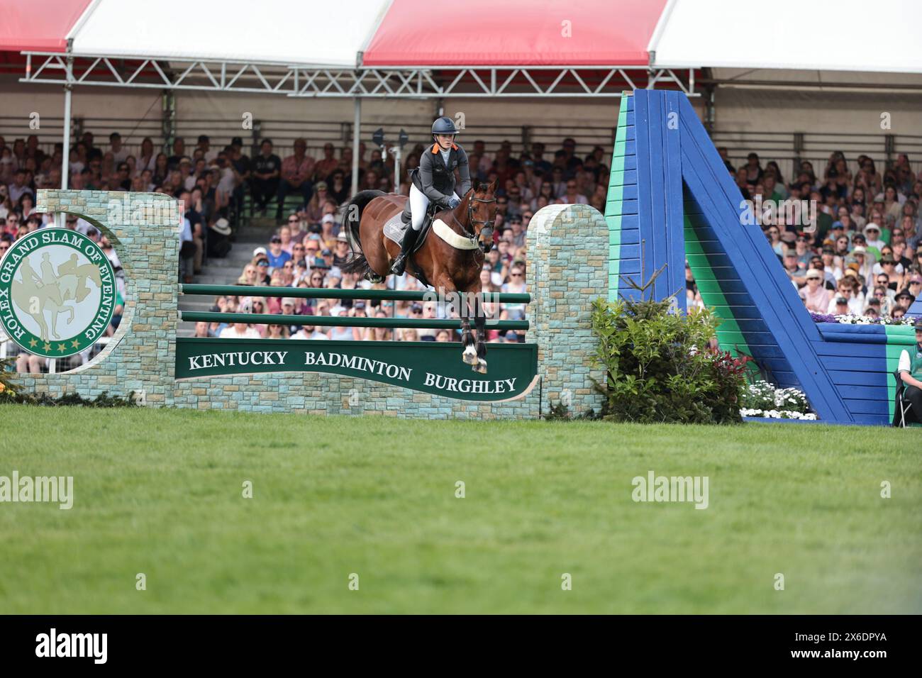 Bubby Upton of Great Britain with Cola during showjumping at Badminton ...