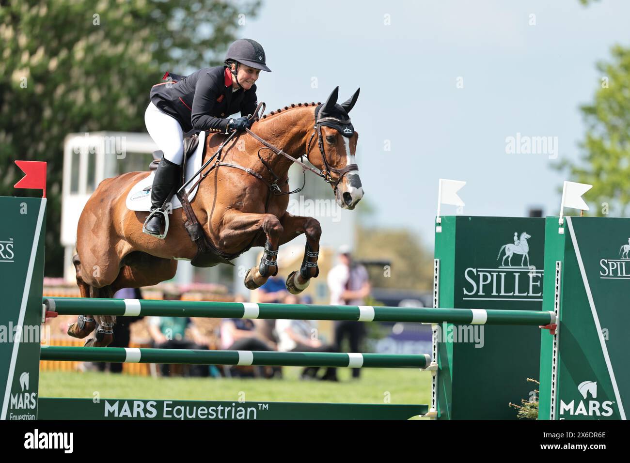 Gemma Stevens of Great Britain with Chilli Knight during showjumping at Badminton Horse Trials ...