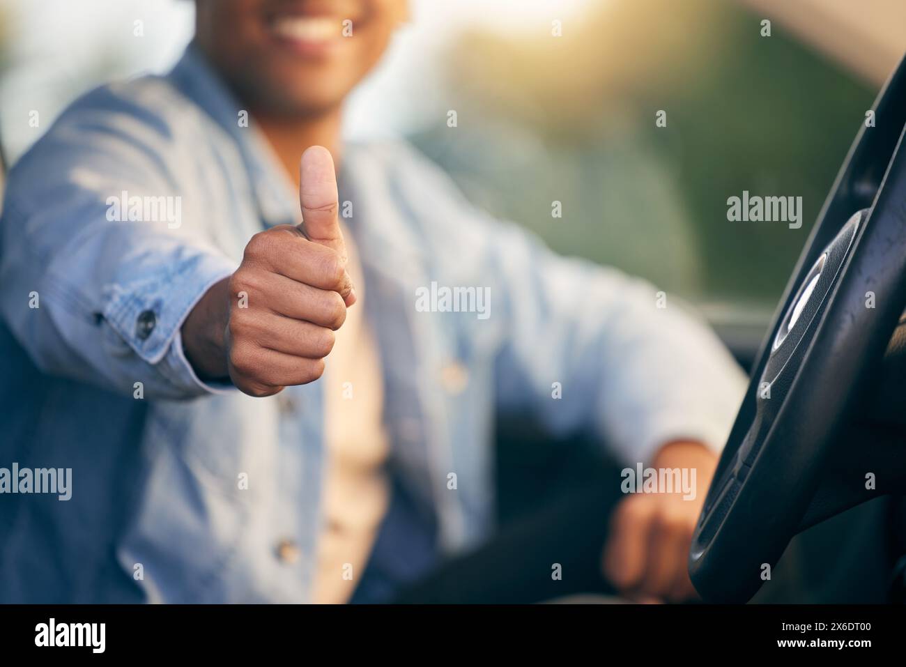Hand, thumbs up and success in car for travel, support or journey on ...