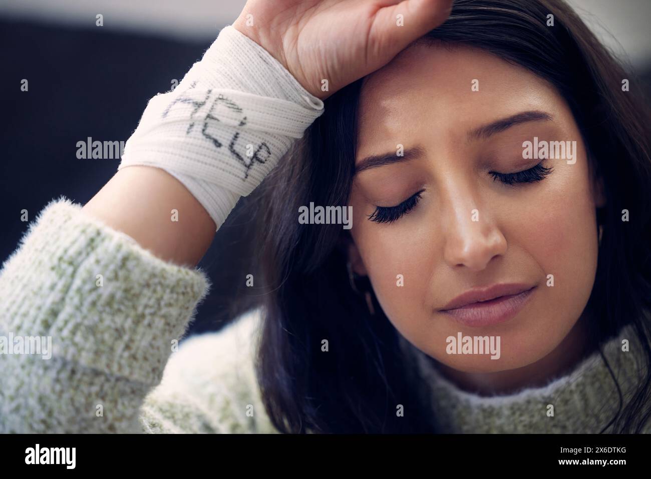 Woman, depression and cry of help for suicide, sad and mental health ...