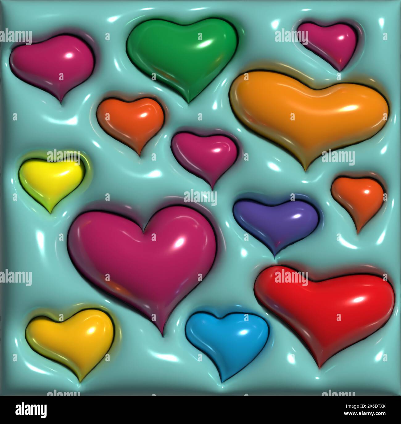 Multi-colored volumetric hearts on a blue background, 3D rendering ...