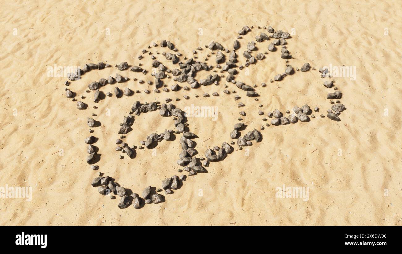 Concept conceptual stones on beach sand handmade symbol shape, golden ...