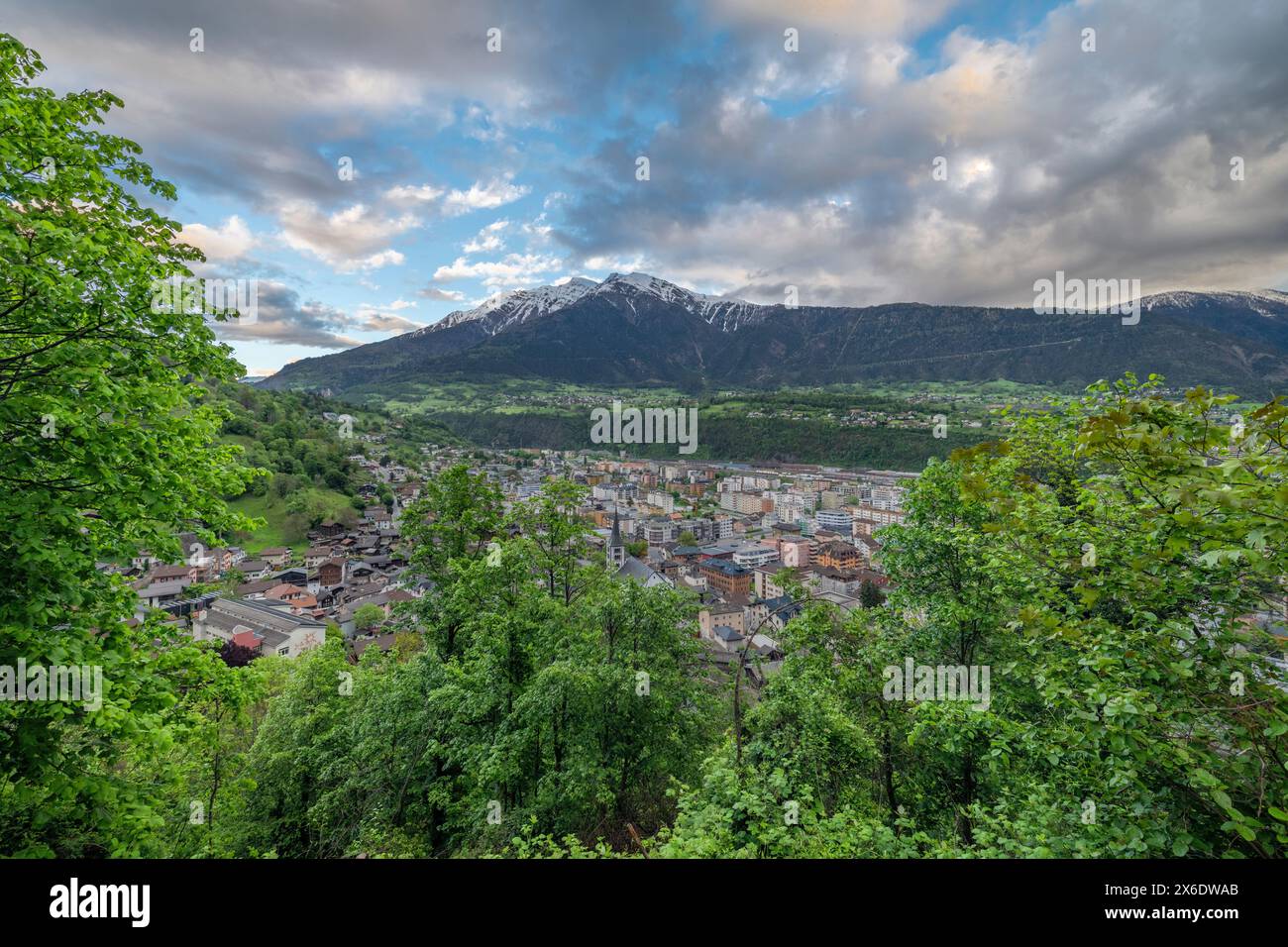 View for Naters part of town in spring cloudy evening in Brig ...