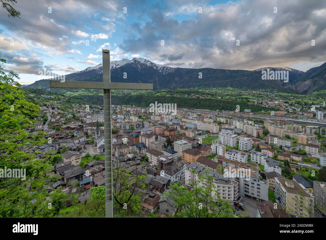 View for Naters part of town in spring cloudy evening in Brig ...