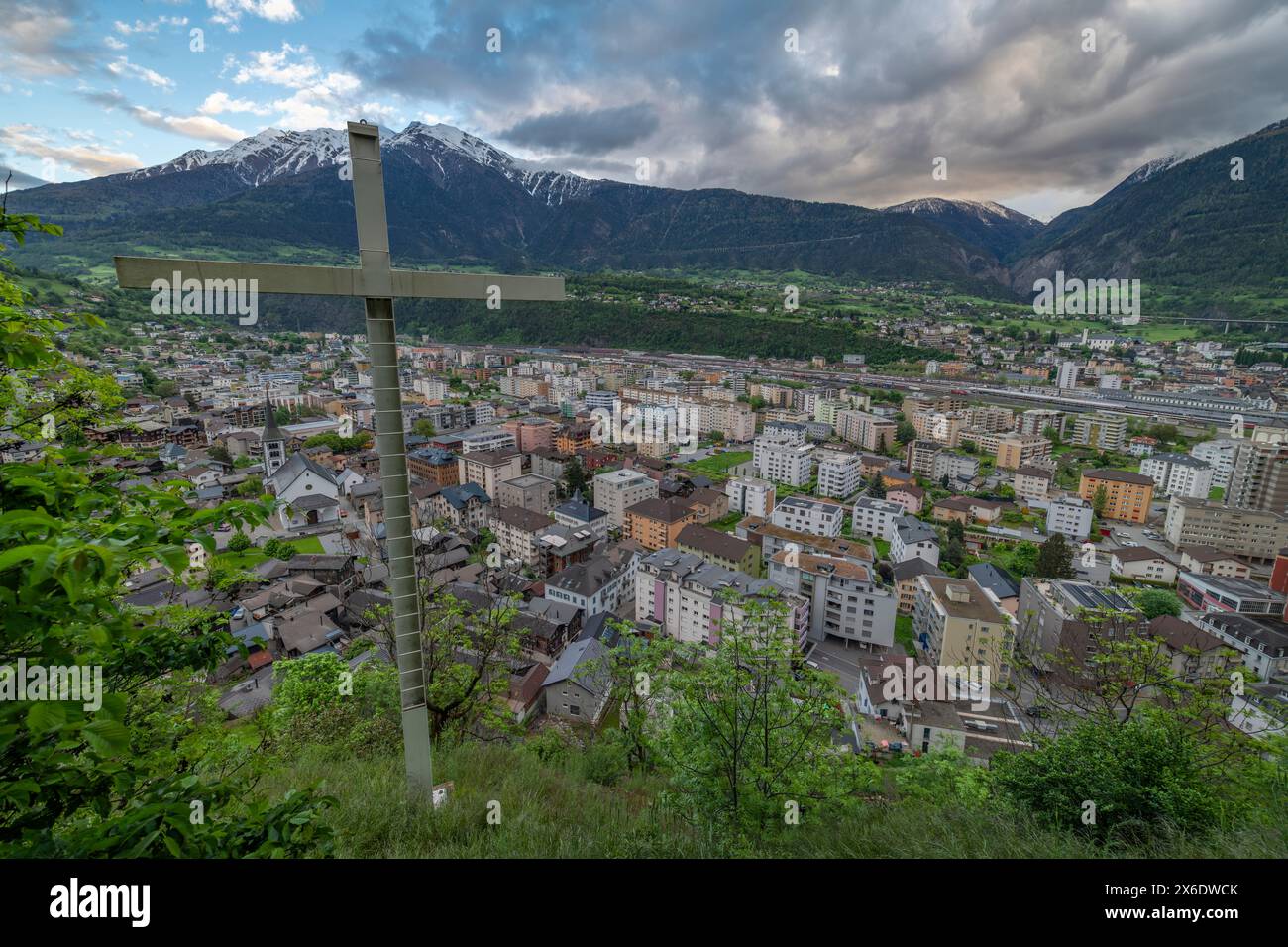 View for Naters part of town in spring cloudy evening in Brig ...