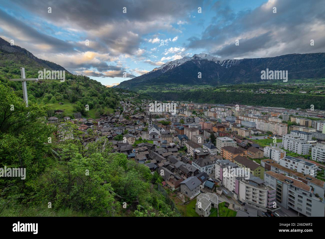 View for Naters part of town in spring cloudy evening in Brig ...