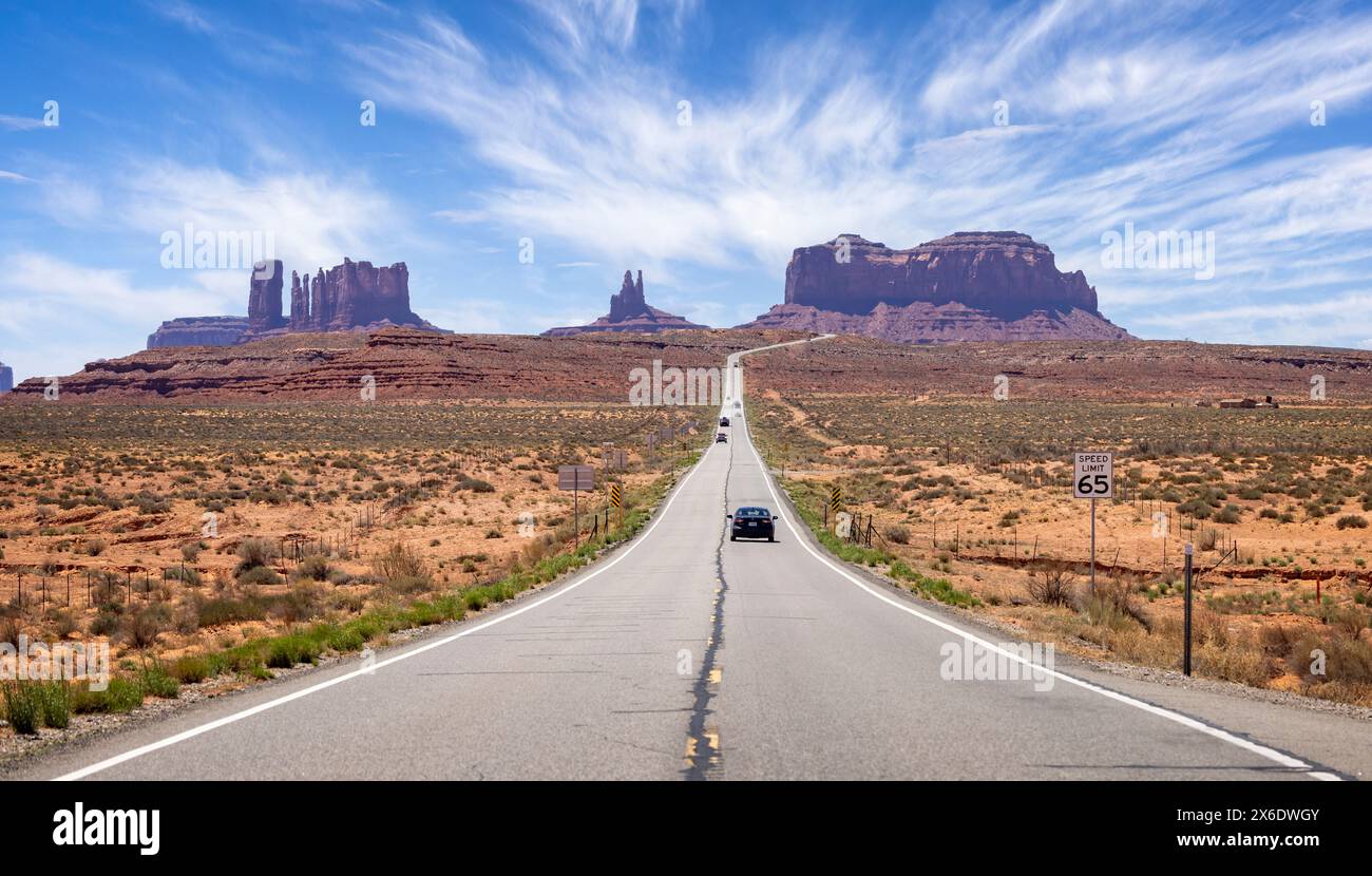 Classic view of Monument valley with Route 163 stretching out in the ...