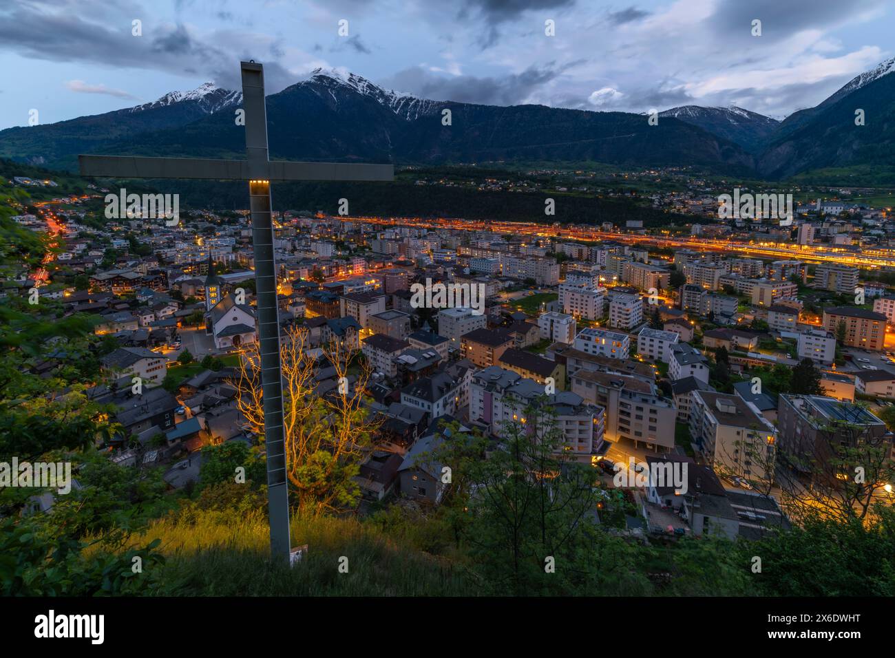 View for Naters part of town in spring cloudy night in Brig Switzerland ...
