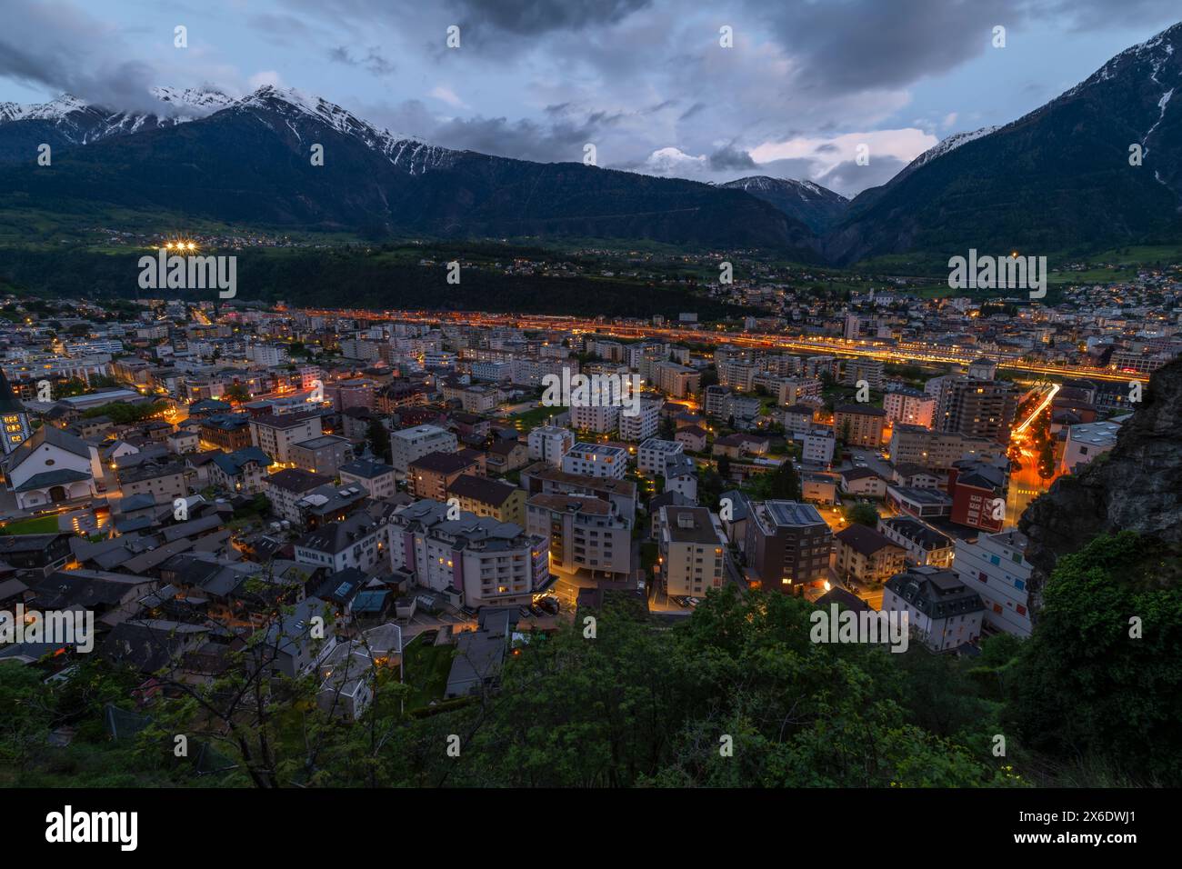 View for Naters part of town in spring cloudy night in Brig Switzerland ...