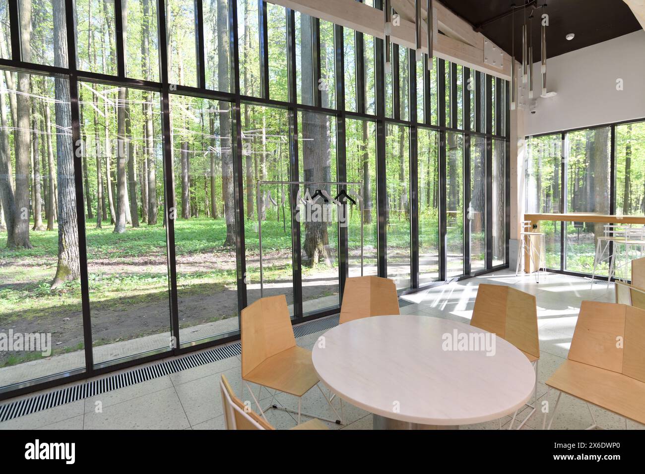 Cafe with glass walls and a forest views Stock Photo - Alamy
