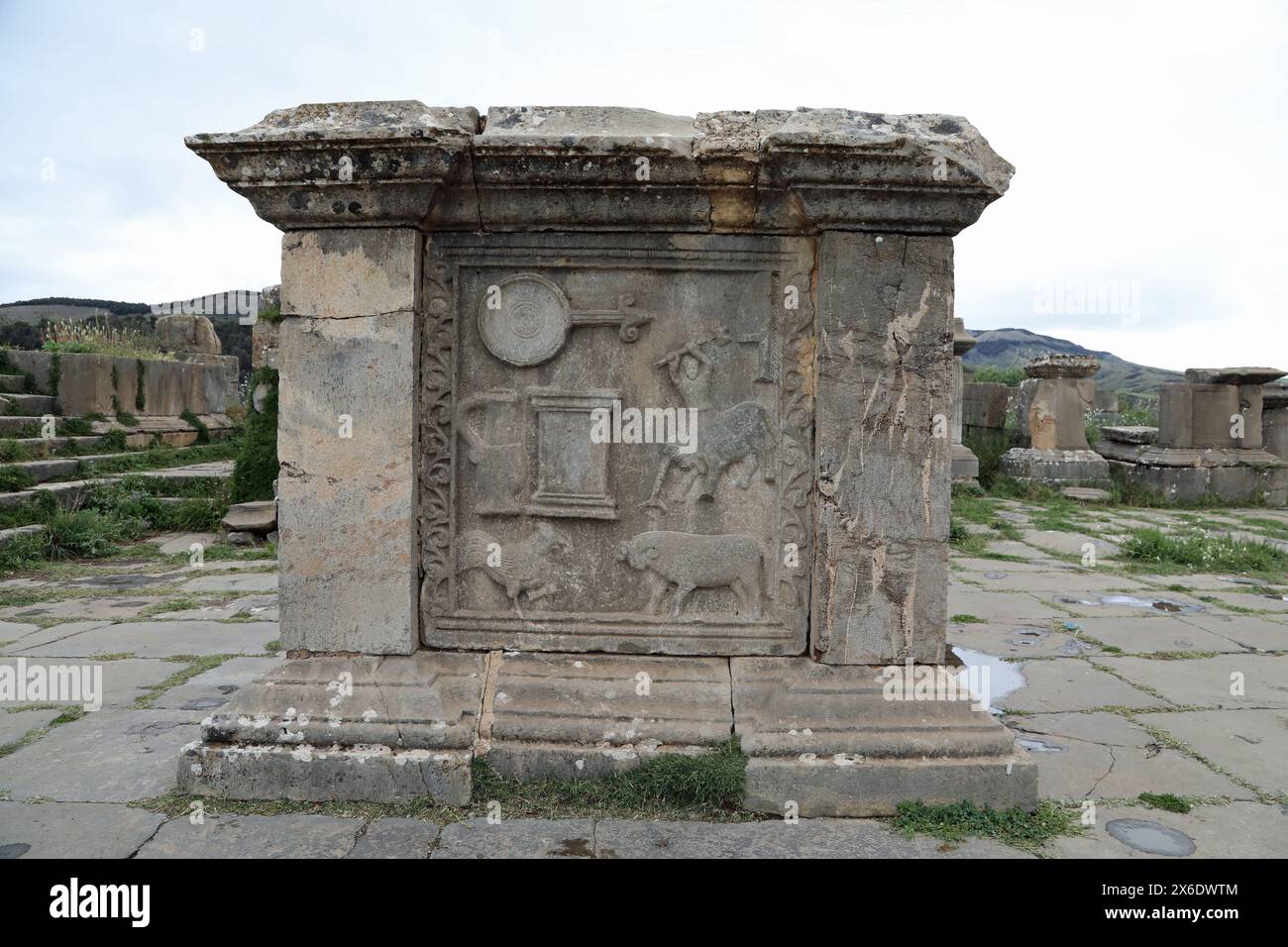 Carved stone altar in the Old Forum at Djemila in Algeria Stock Photo ...