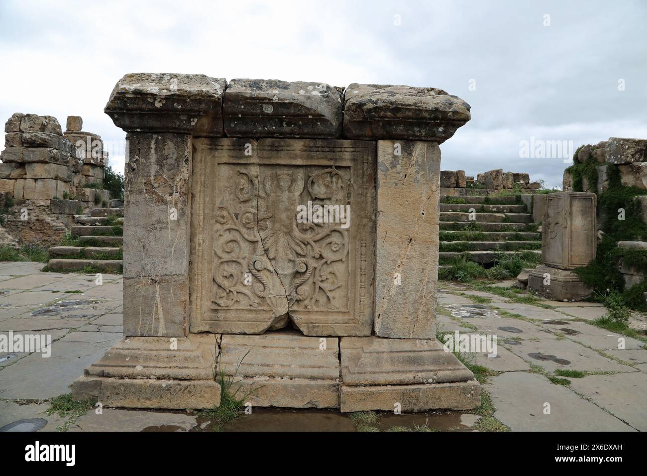 Carved stone altar in the Old Forum at Djemila in Algeria Stock Photo ...