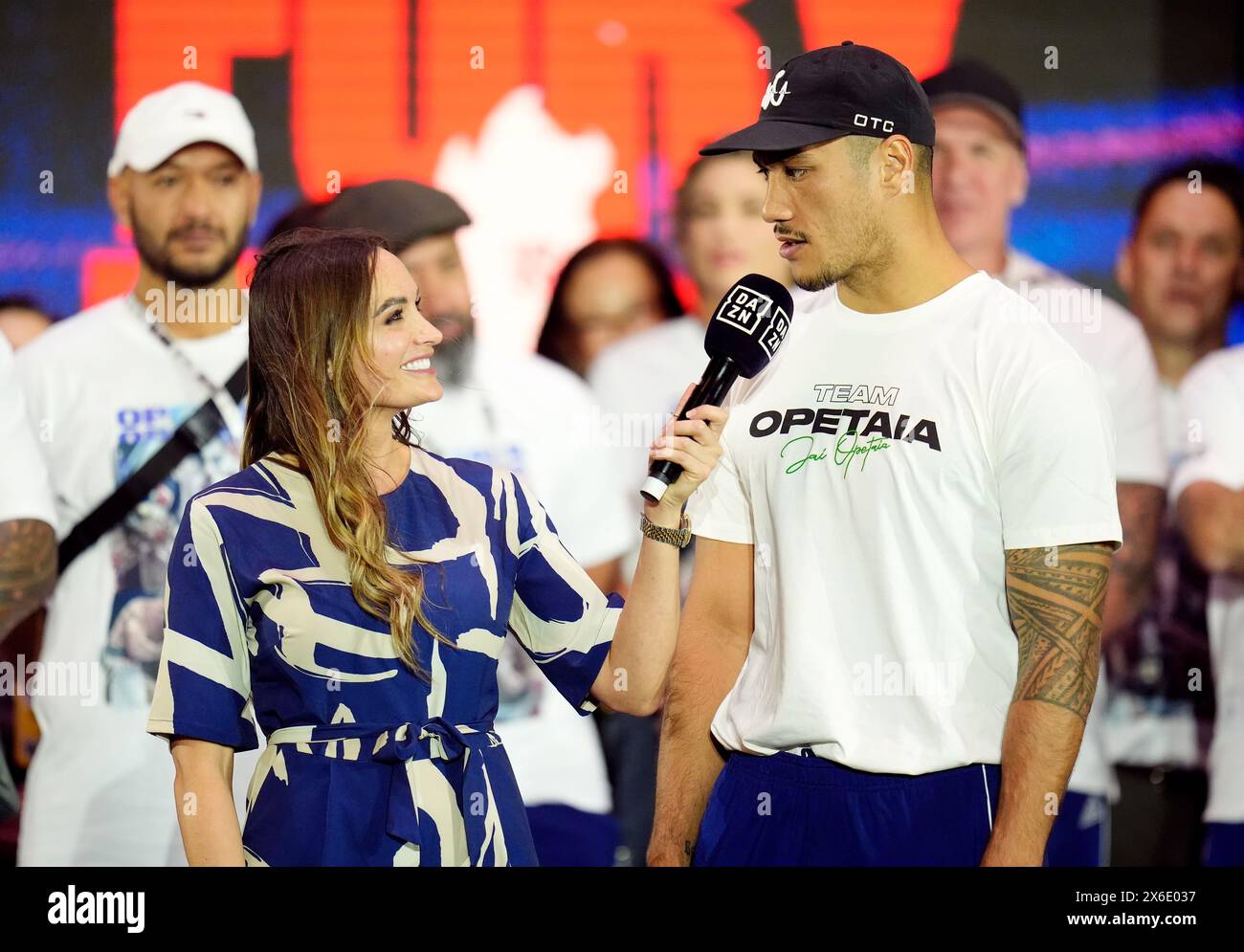 Presenter Ali Drew and Jai Opetaia during the ceremonial grand arrivals ...