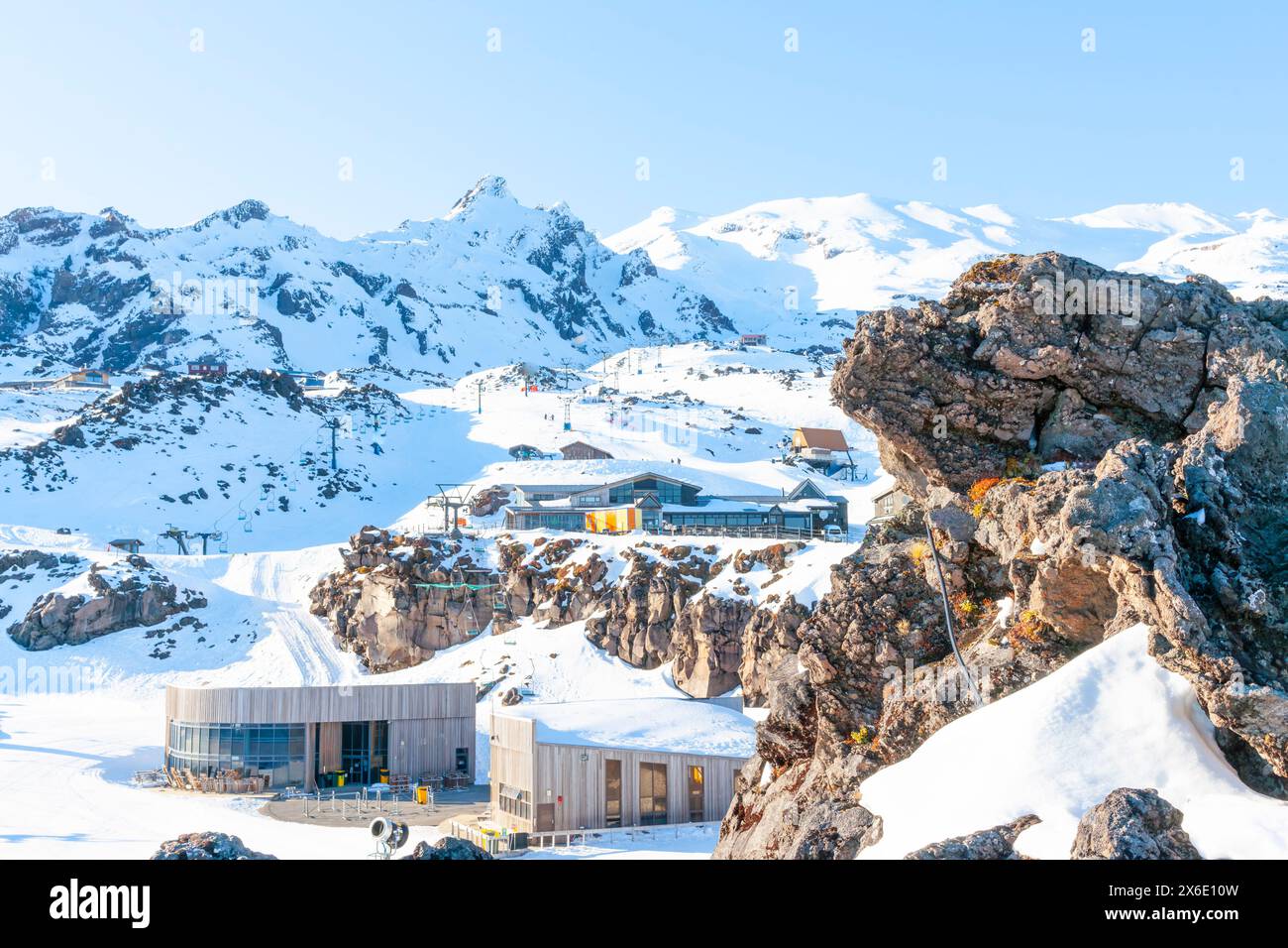Whakapapa ski-field slopes and facilities buildings on shady side of ...