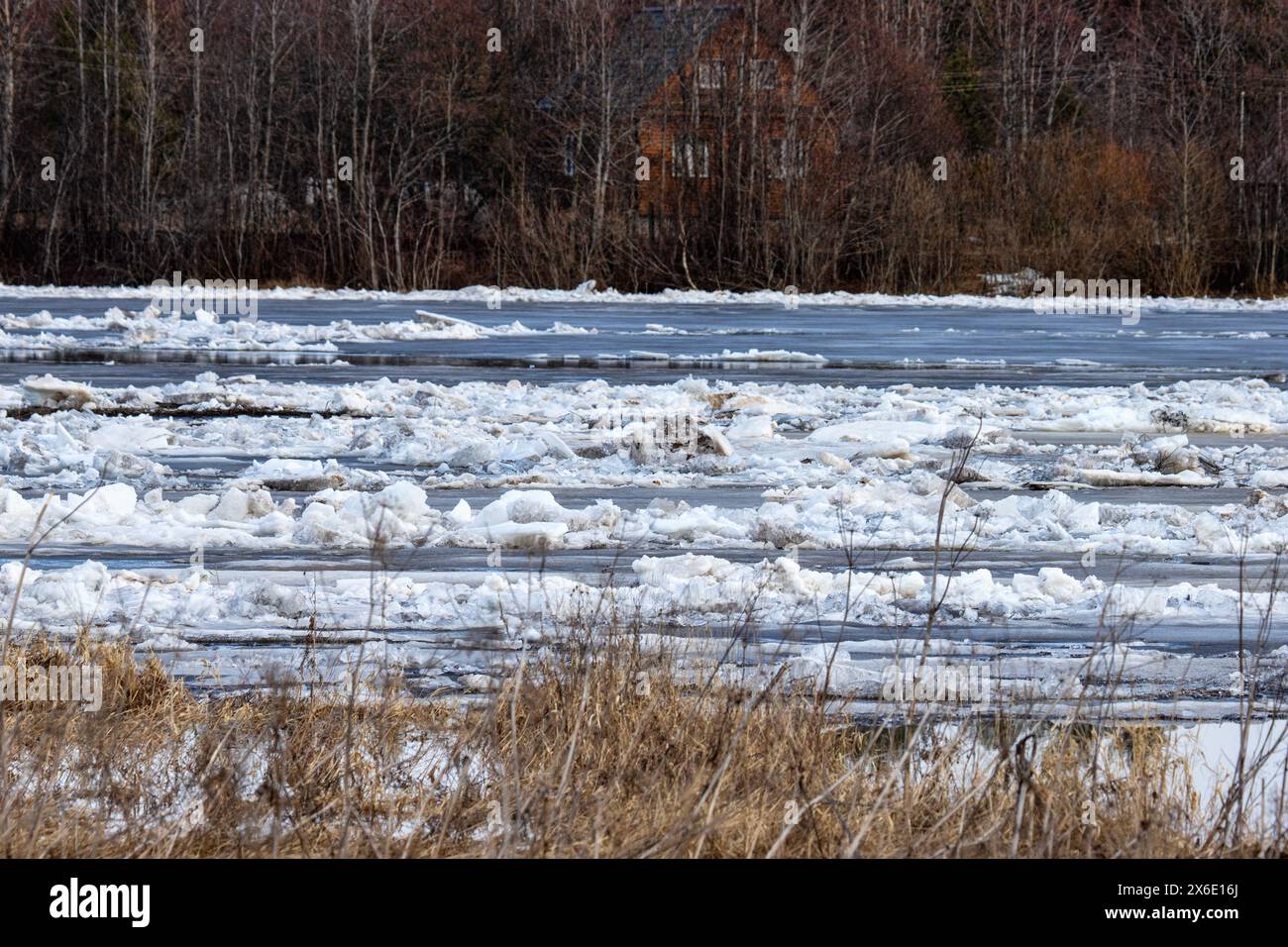 A landscape of an ice drift (ice-boom, debacle) on the northern river ...