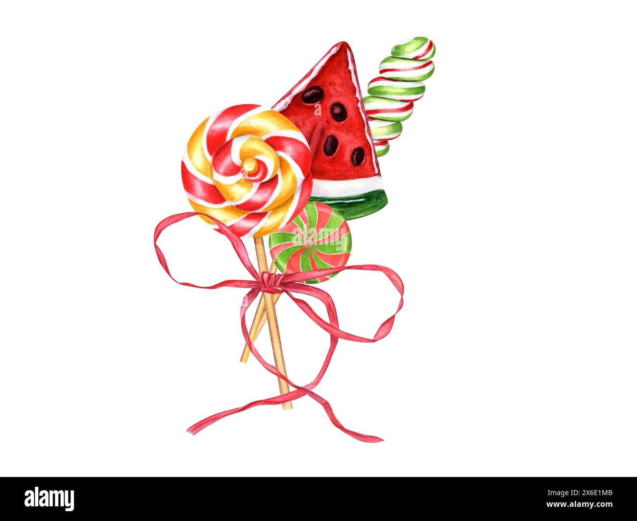 Bouquet of candies decorated red ribbon. Spiral lollipops, sugar ...