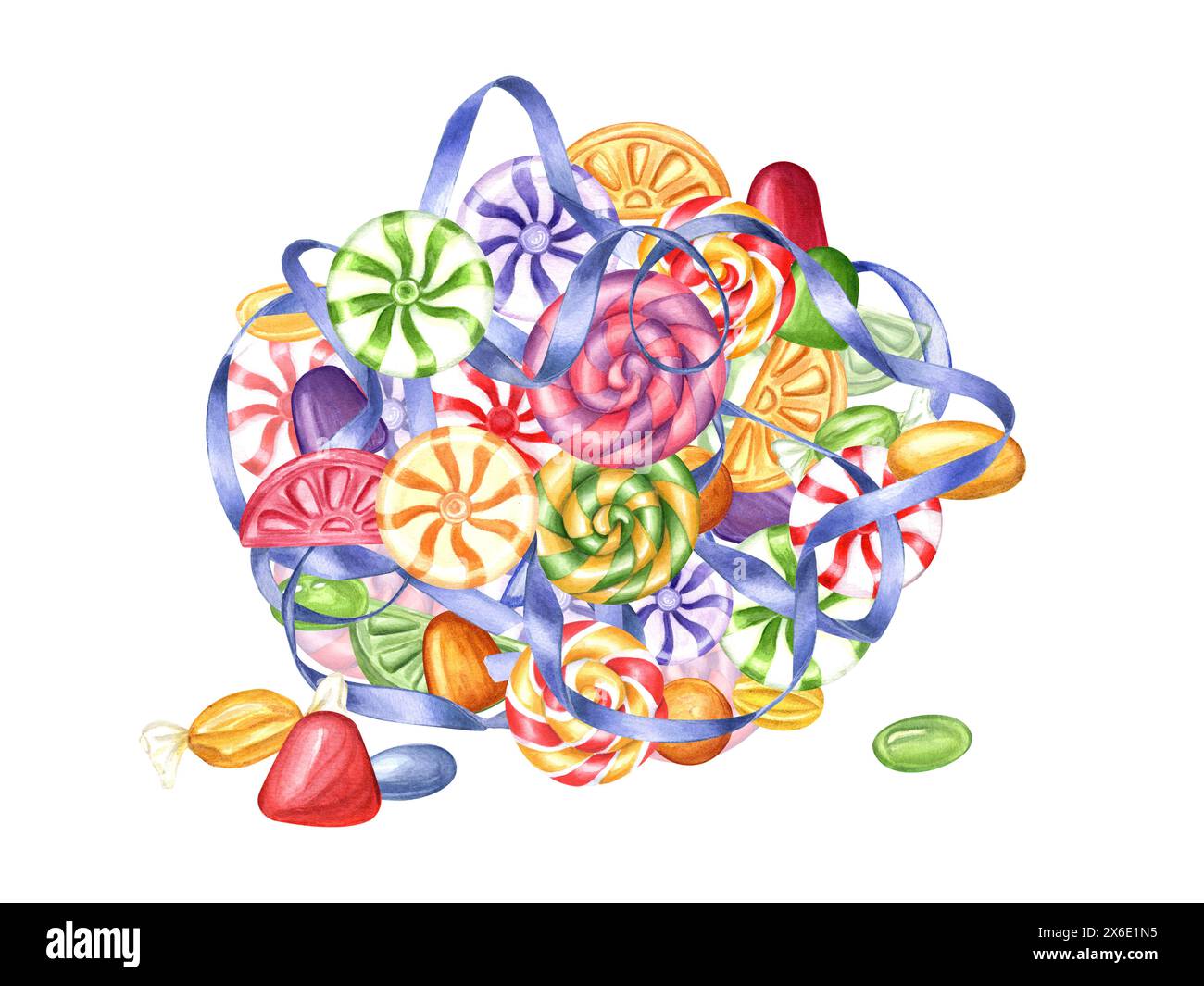 Multicolored hard candies. Bonbon pile decorated with shiny blue ribbon ...