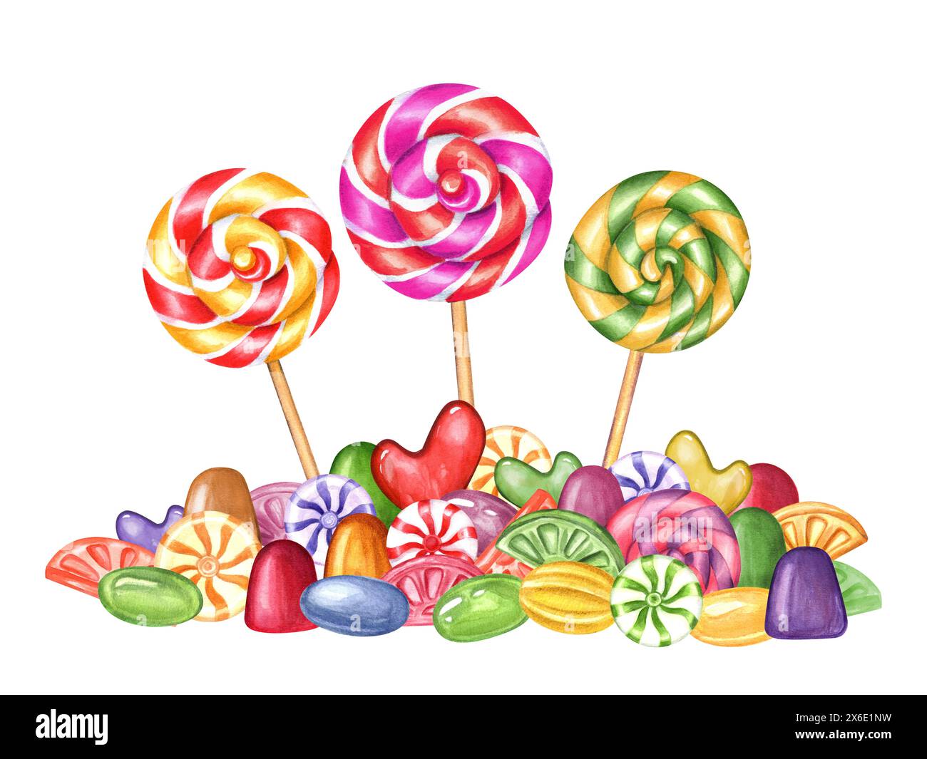 Three spiral round lollipops surrounded by colorful small caramels ...