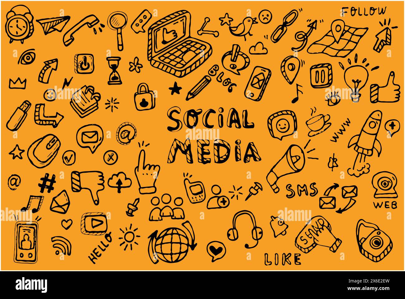 Hand drawn set of social media sign. Symbol doodles elements. Isolated ...