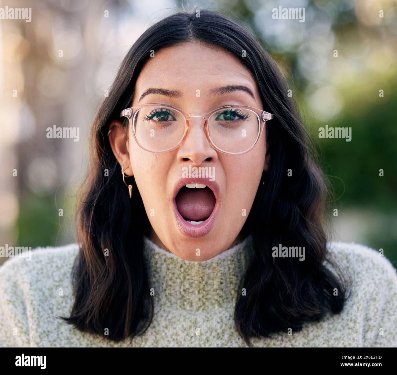 Woman, portrait and surprised of shocked for gossip, announcement and ...