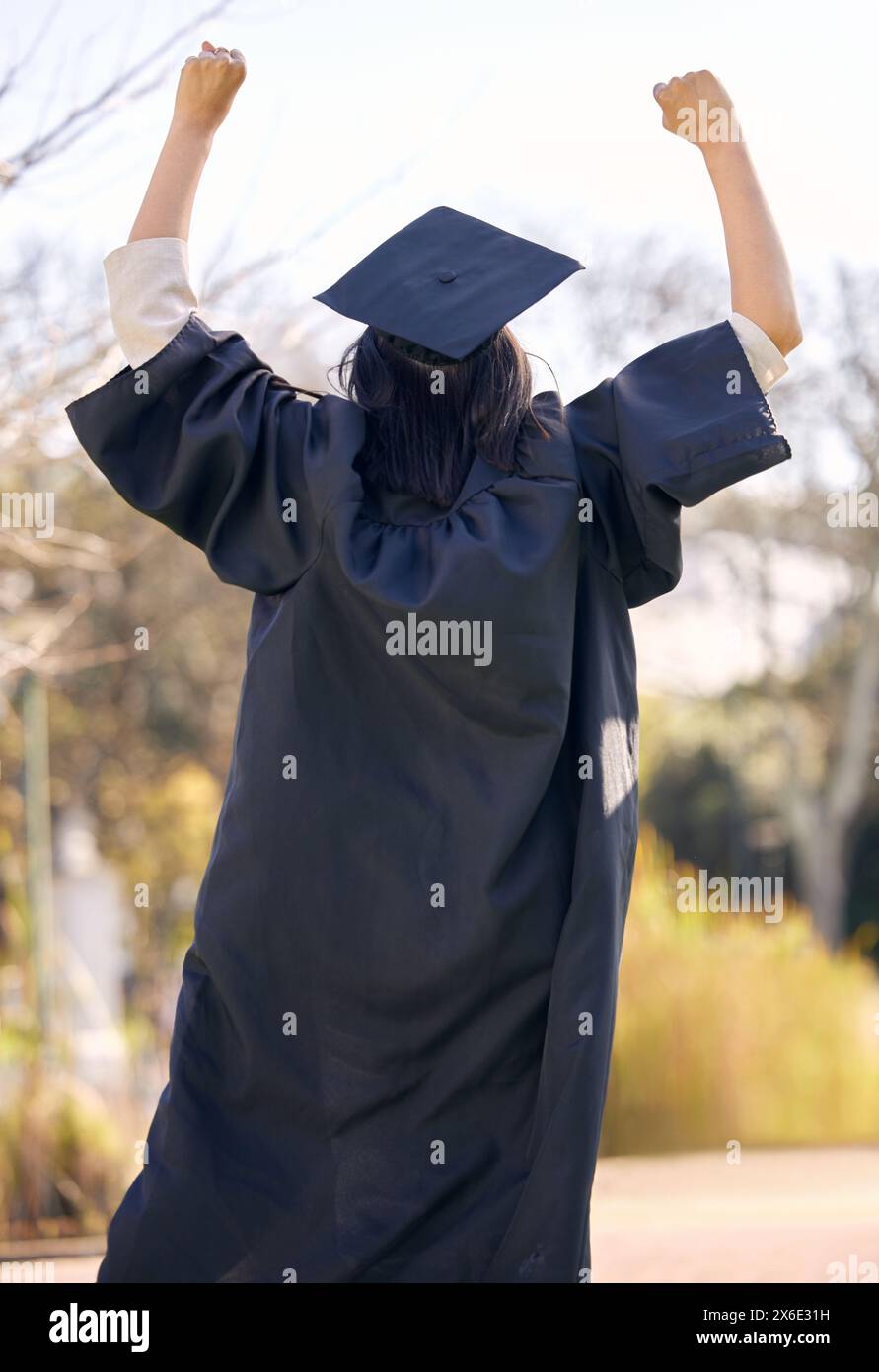 Nature, celebration and back of girl with graduation for knowledge ...