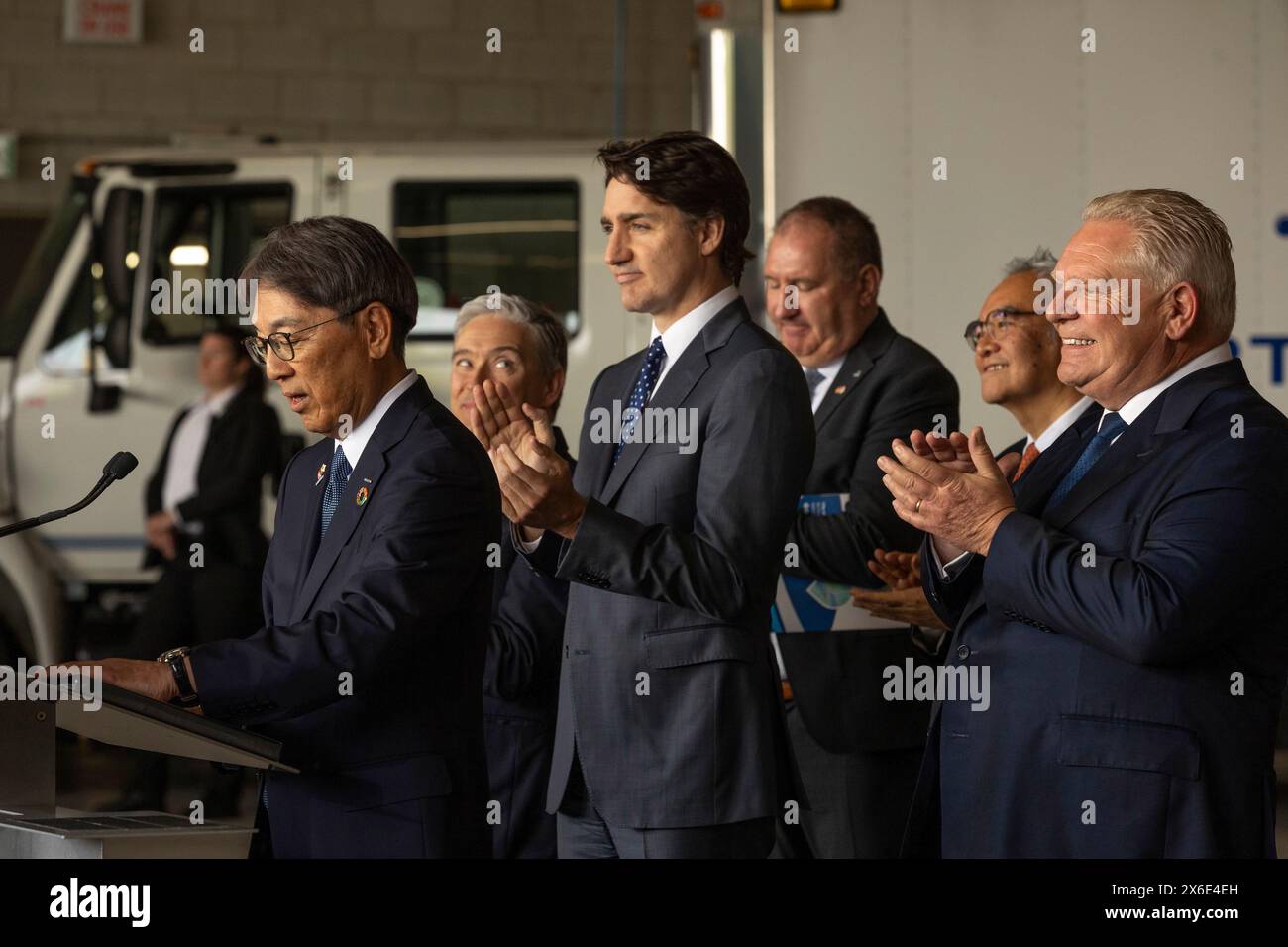 Prime Minister Justin Trudeau joins Ontario Premier Doug Ford and the President of Japan's Asahi ...