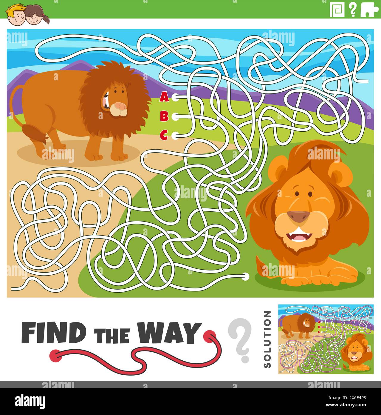 Cartoon illustration of find the way maze puzzle activity with funny ...