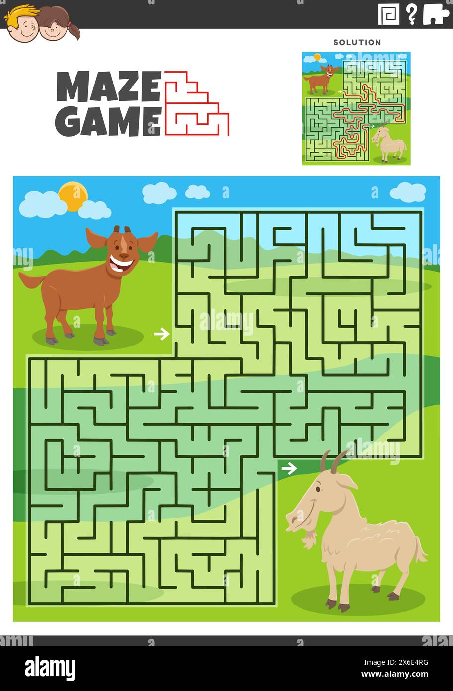 Cartoon illustration of educational maze puzzle game with goat and kid ...