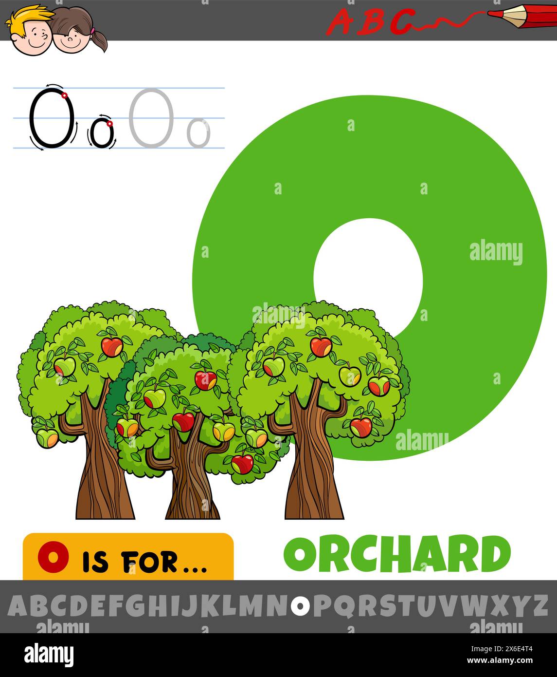Educational cartoon illustration of letter O from alphabet with orchard ...