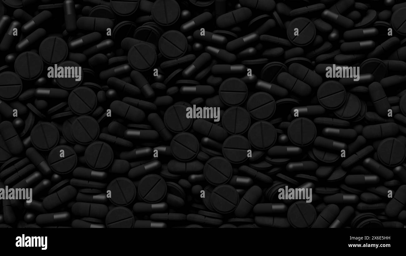 Black tablets fill the screen, pills background . Drugs, pills, tablets ...