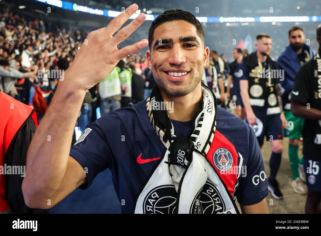 Achraf HAKIMI of PSG celebrates first place in the 2023-24 French Ligue ...