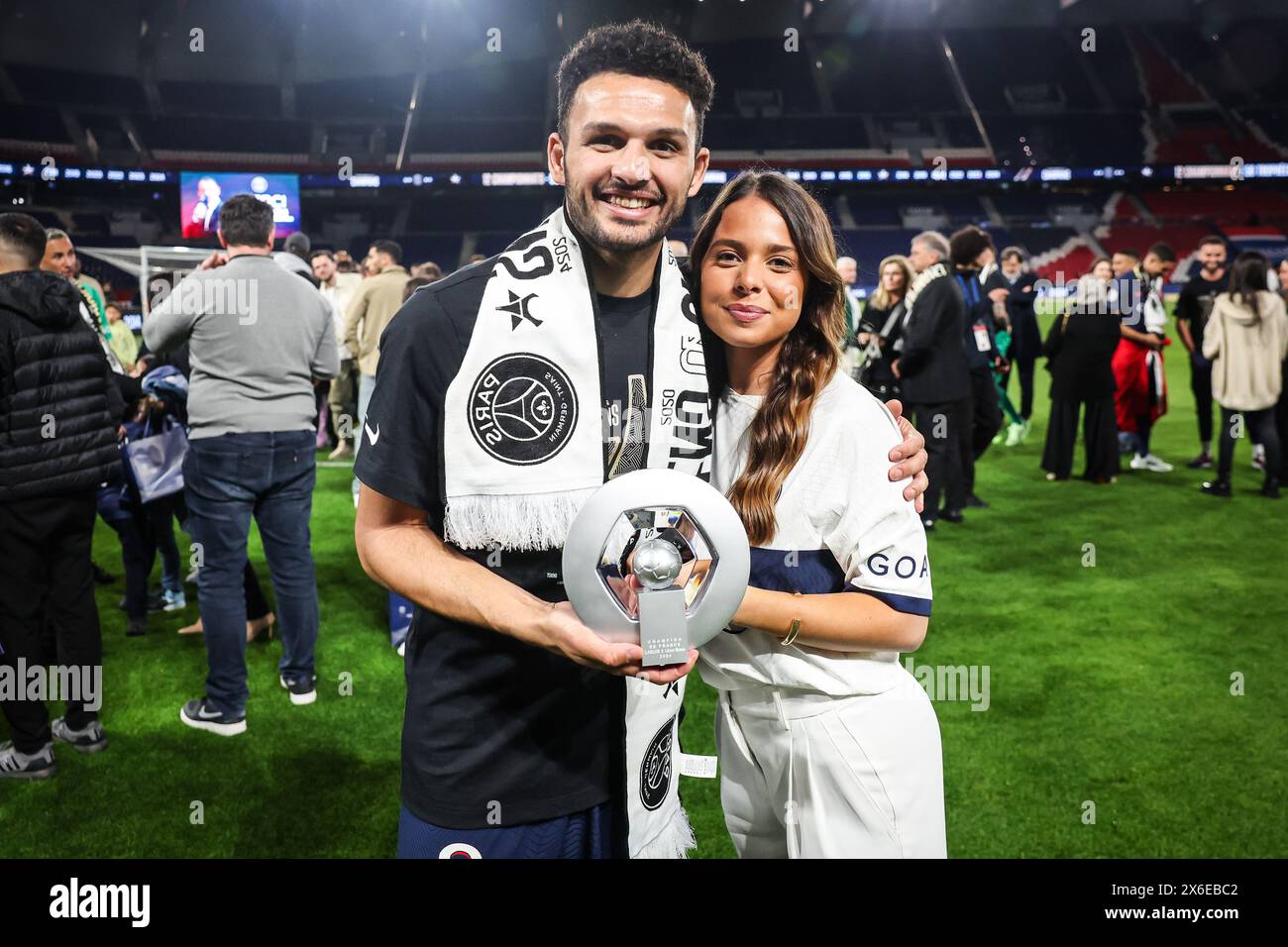 Goncalo RAMOS of PSG with his wife Margarida AMARAL DOMINGUES celebrate first place in the 2023 ...