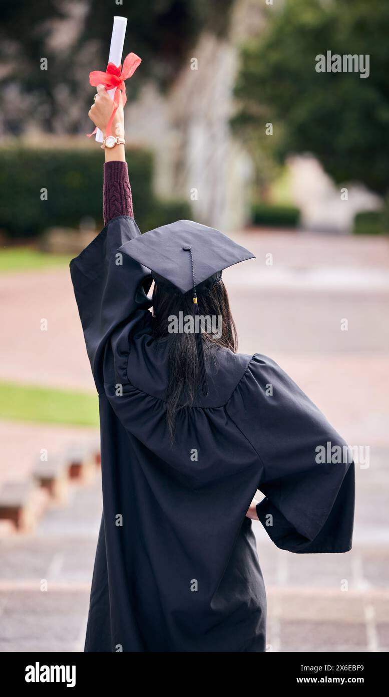Success, certificate and woman celebrate graduation, achievement or ...