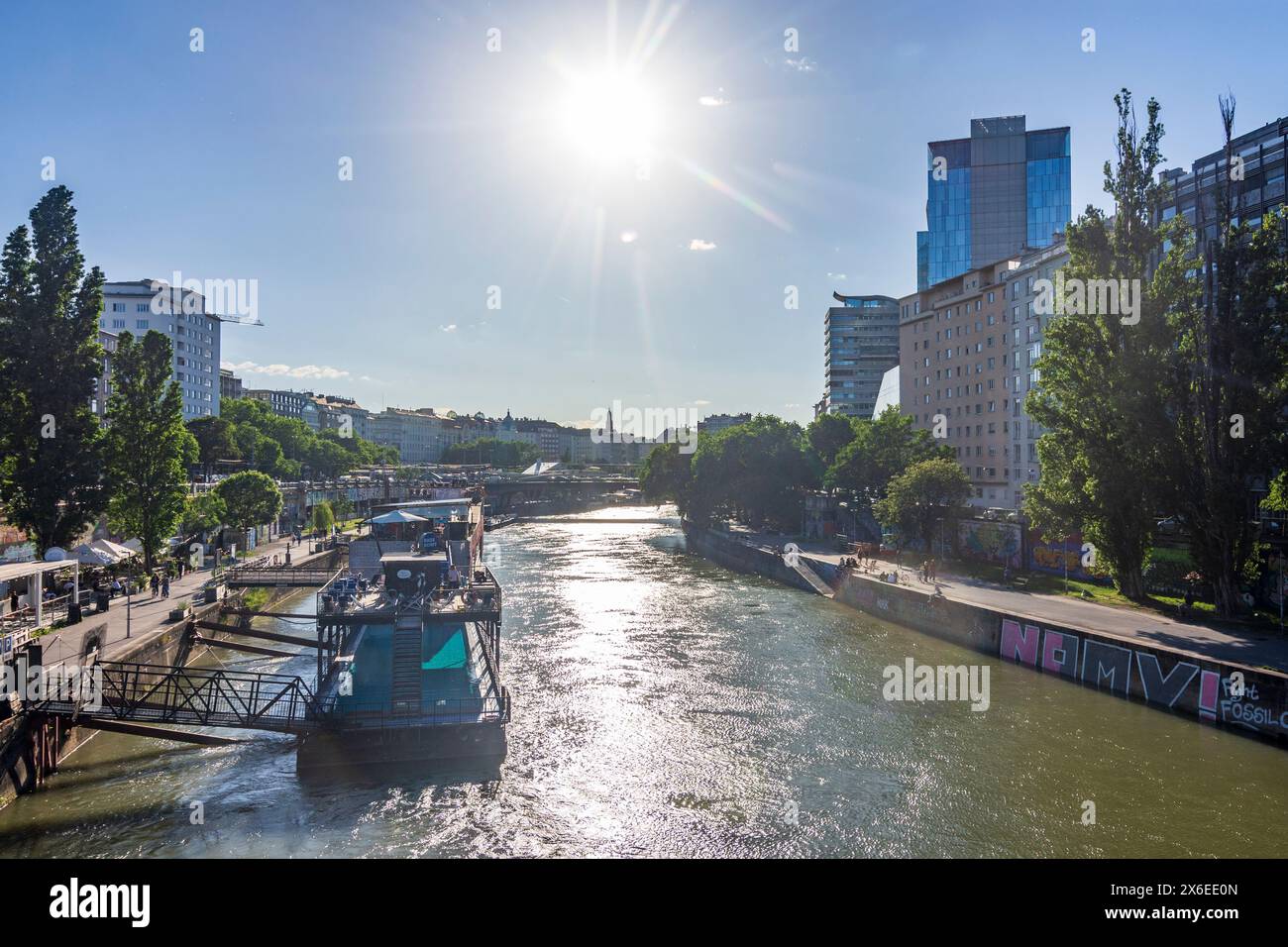 Vienna: river Donaukanal, boat Badeschiff in 01. Old Town, Wien ...
