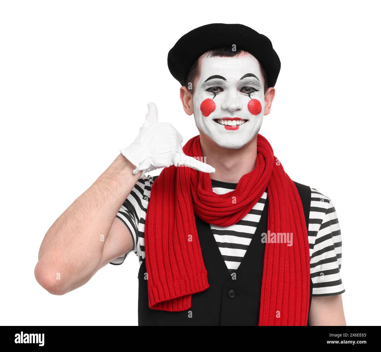 Funny mime artist showing call me gesture on white background Stock ...