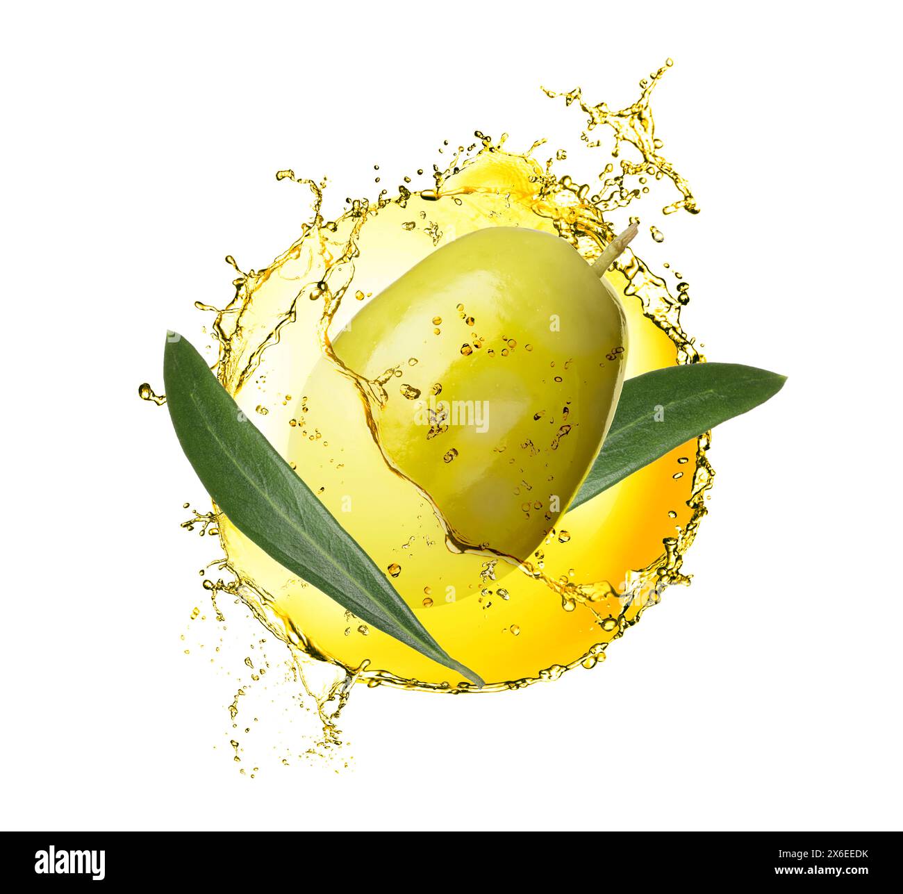 Olive and leaves with cooking oil splash on white background Stock ...
